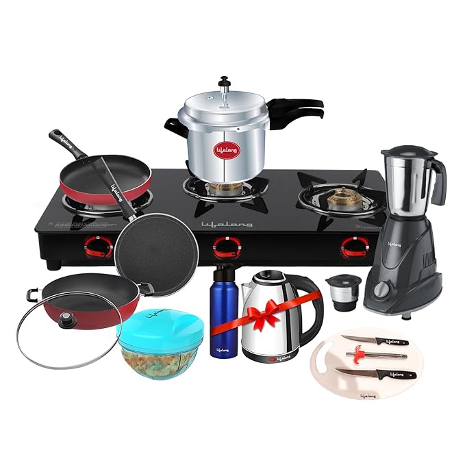 Lifelong Kitchen Combo Set – 3 Burner Stove, Cookware, Mixer, Kettle ...