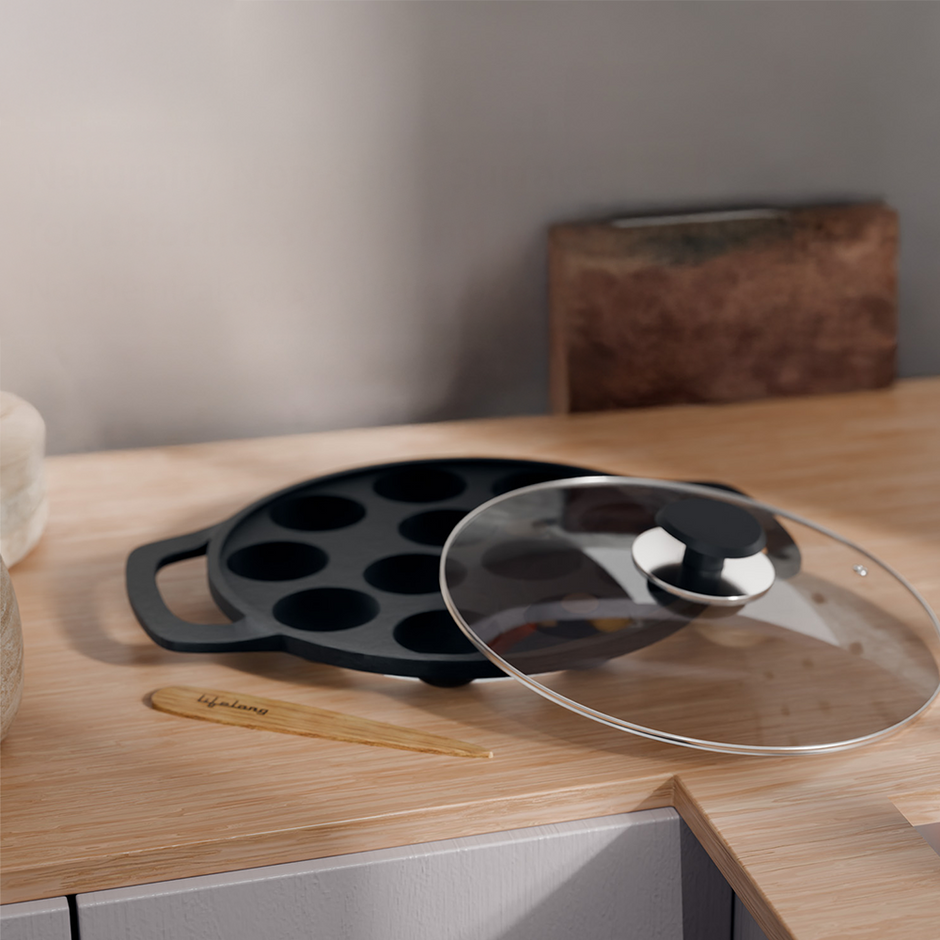 Lifelong Cast Iron paniyaram pan with Glass Lid & wooden Spatula ...