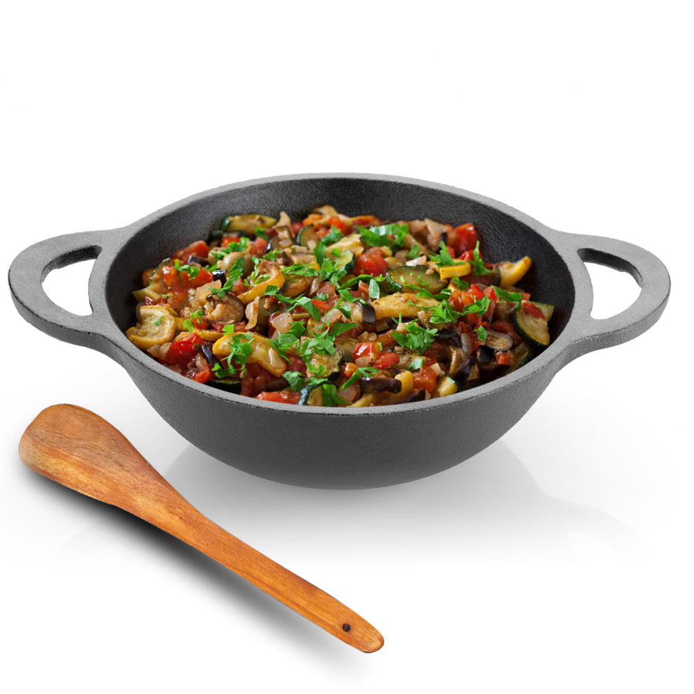 Lifelong Cast Iron Kadai 24cm With Wooden Spatula – Lifelong Online
