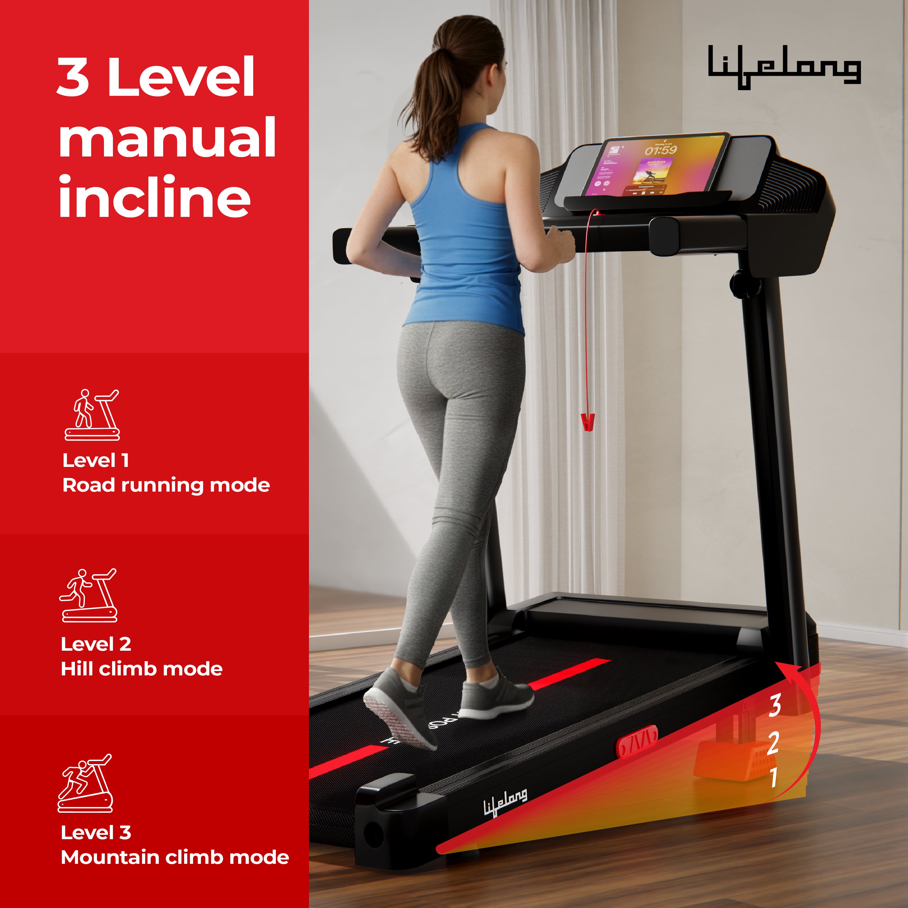 Lifelong 4.5HP Motorized Treadmill for Home | Manual Incline 12% | Fol ...
